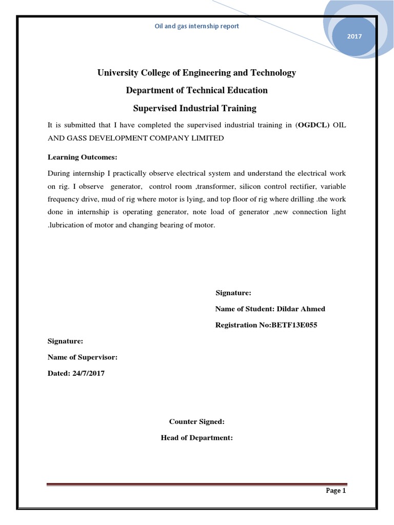 Ogdcl Internship Report 2017 | PDF | Relay | Electric Motor