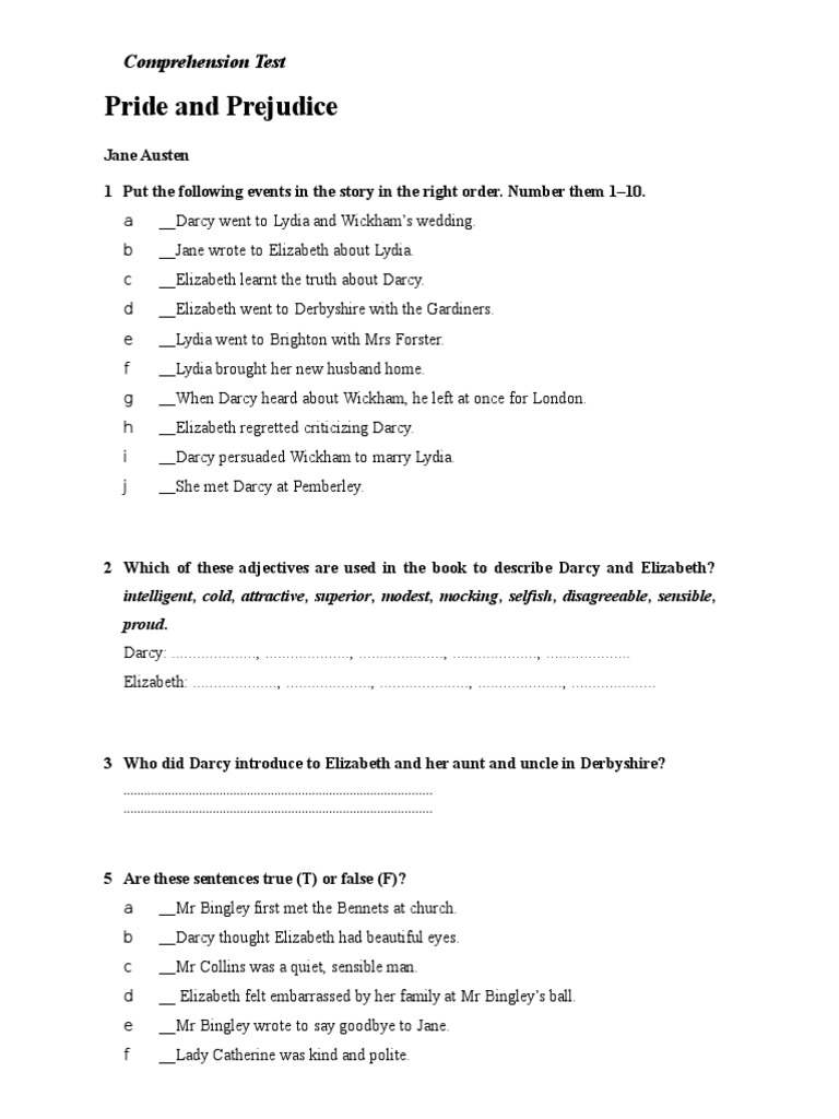 Pride and Prejudice: Comprehension Test | PDF | Pride And Prejudice ...