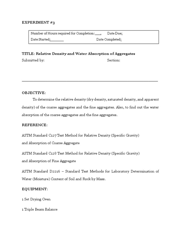 Relative Density and Water Absorption of Aggregates Lab Report | PDF ...