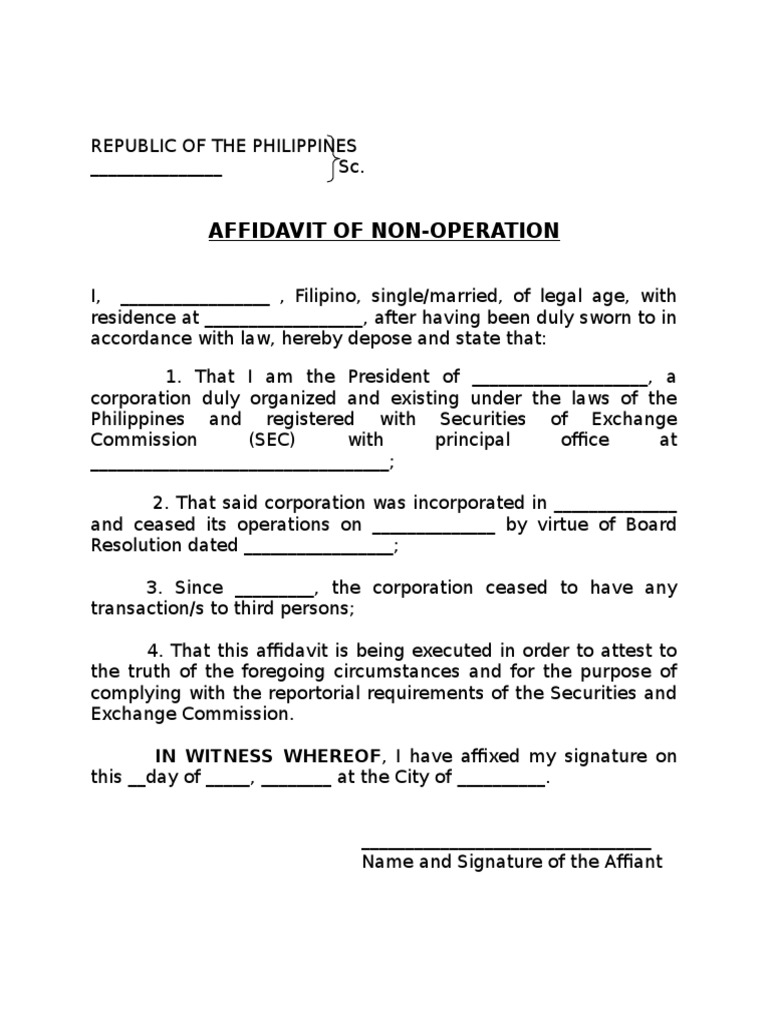Affidavit of Non Operation | PDF | Affidavit | Notary Public
