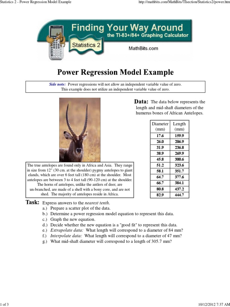 Statistics 2 - Power Regression Model Example | PDF | Regression Analysis | Antelope