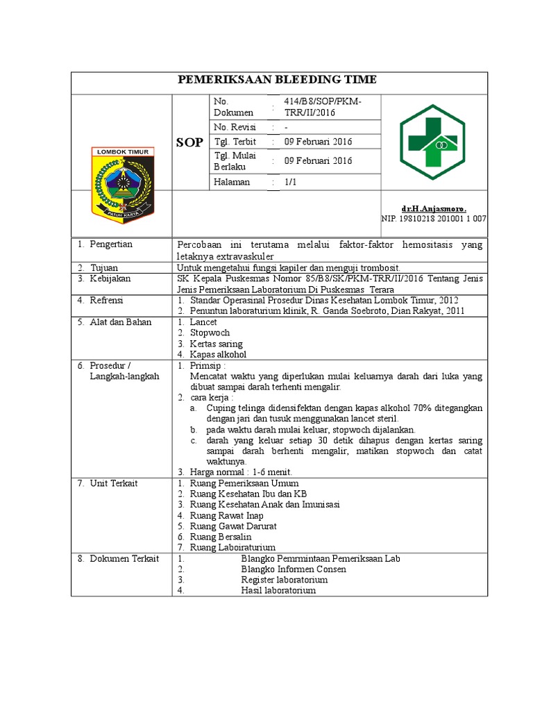 SOP Pemeriksaan Bleeding Time | PDF