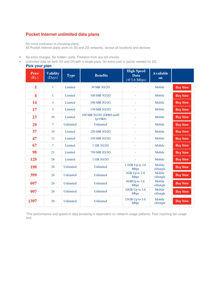 Pocket Internet Unlimited Data Plans | PDF | Data Rate Units | 3 G