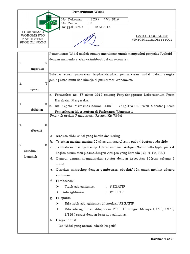 Sop Pemeriksaan Widal | PDF