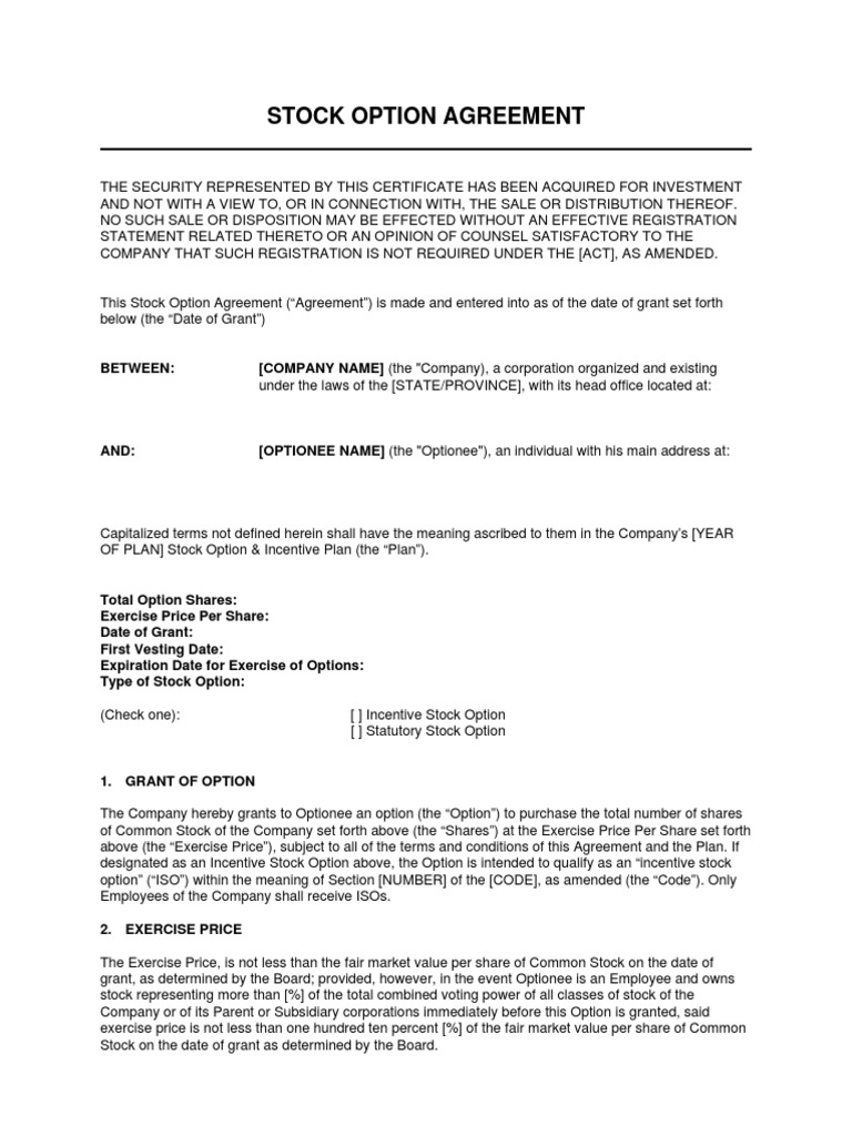 Stock Option Agreement | PDF | Copyright | Option (Finance)