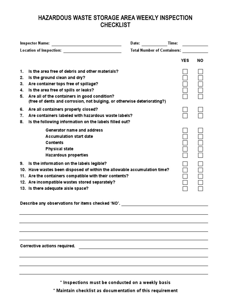 Hazardous Waste Storage Area Weekly Inspection Checklist | PDF