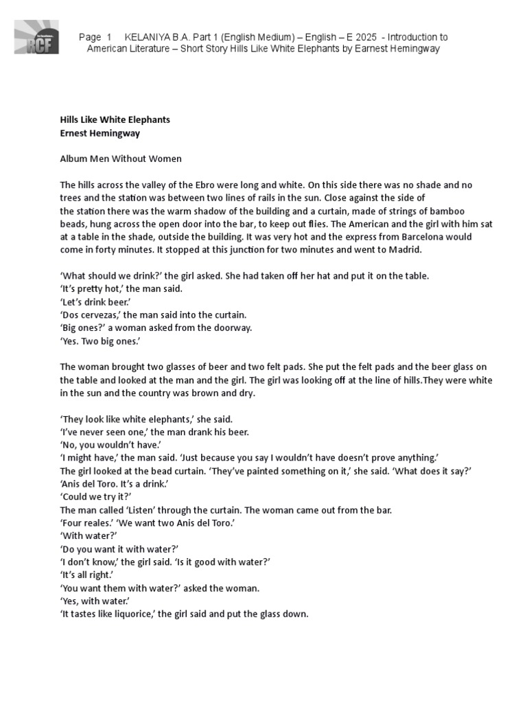 Hills Like White Elephants | PDF | Ernest Hemingway | Narration