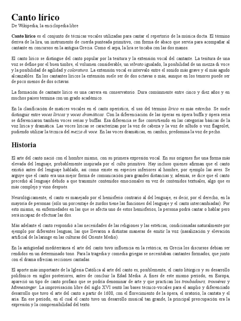 Canto Lírico - Wikipedia, La Enciclopedia Libre | PDF | Ópera | Canto