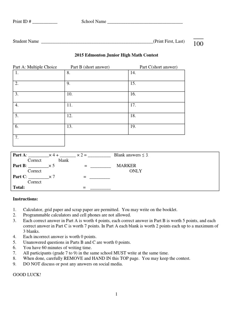 Edmonton Junior High Math Contest 2015 | PDF | Area | Triangle