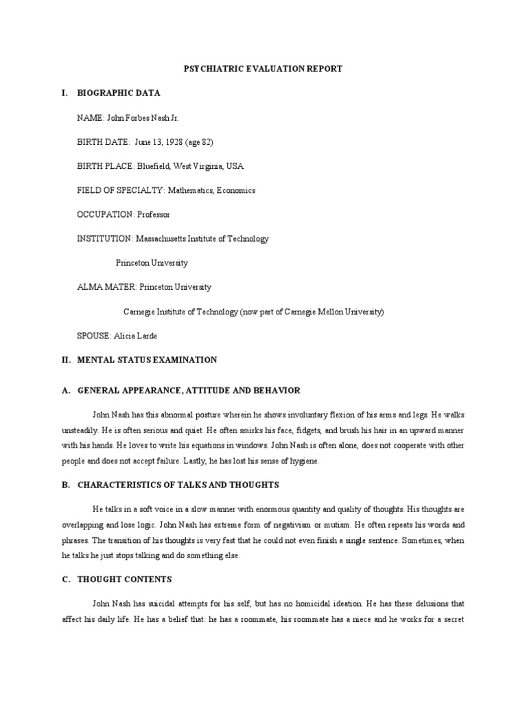 Psychiatric Evaluation Report | PDF | Feeling | Cognition