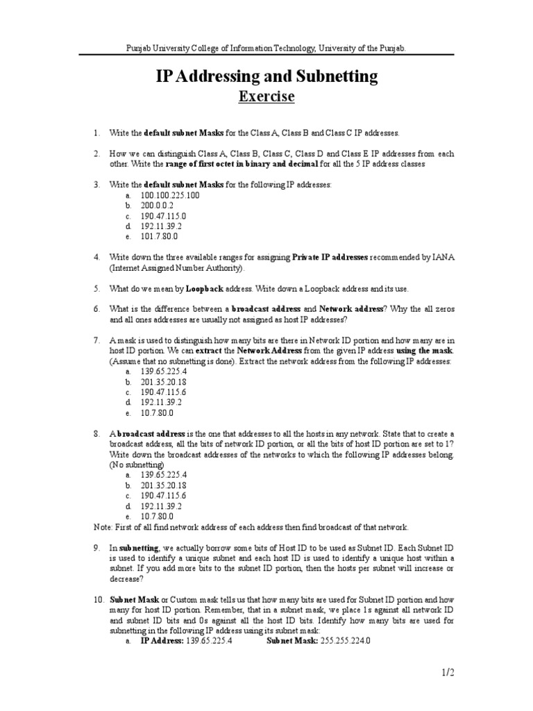 Ip Addressing And Subnetting Exercise Pdf Ip Address Network Layer Protocols