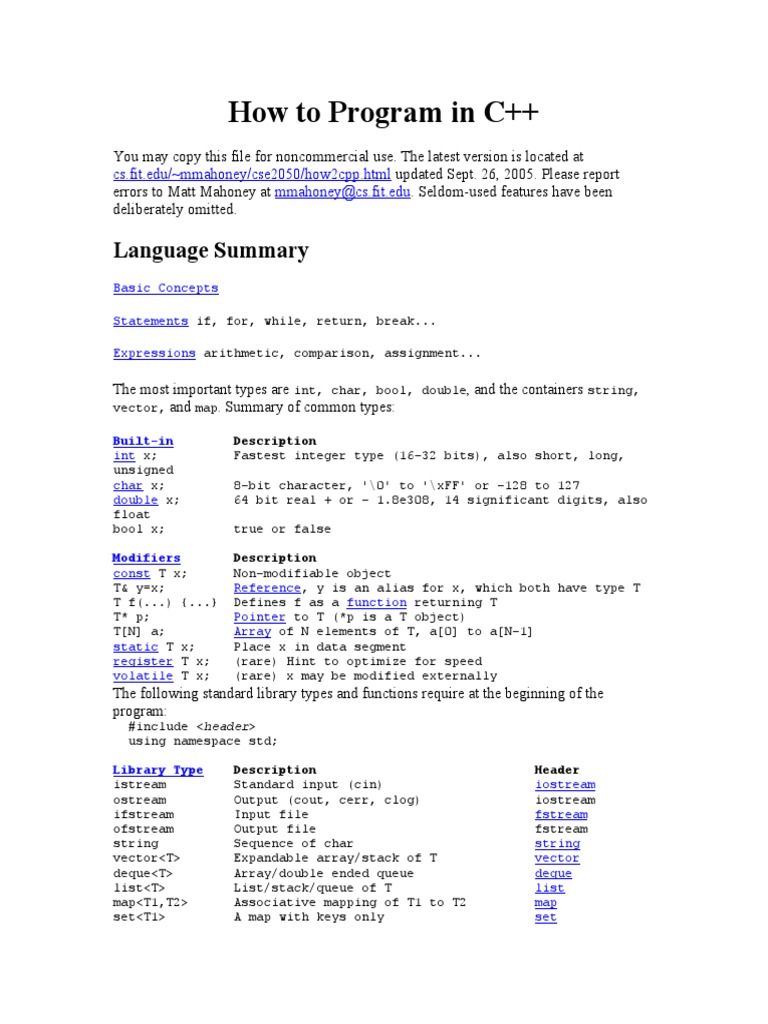 How To Program in C++: Language Summary | PDF | Pointer (Computer ...