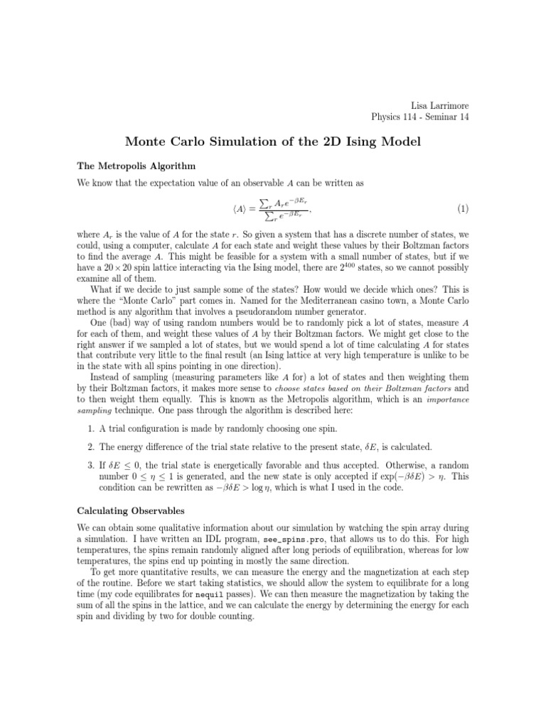Monte Carlo Simulation Of The 2d Ising Model Pdf Pdf Monte Carlo