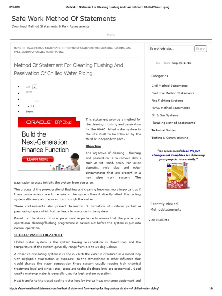 Method of Statement For Cleaning Flushing and Passivation of Chilled Water Piping | PDF ...