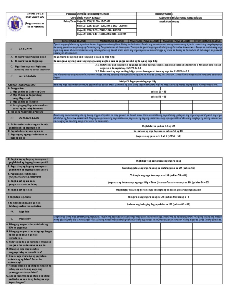 Daily Lesson Log - EsP 7 1st Quarter | PDF