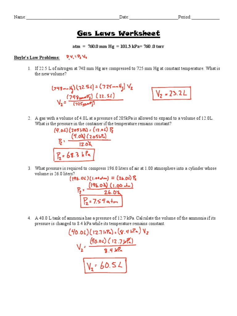 Gas Laws Worksheet Answer Key | PDF | Gases | Litre