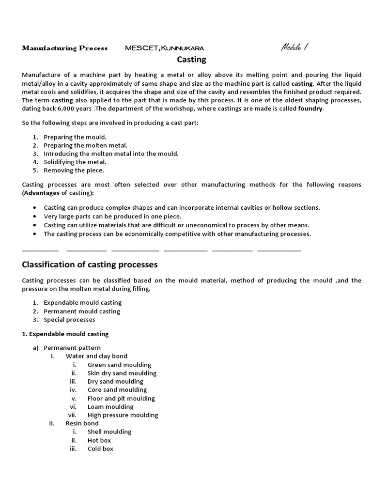 Notes Mt Module I Ktu Pdf Casting Metalworking Foundry