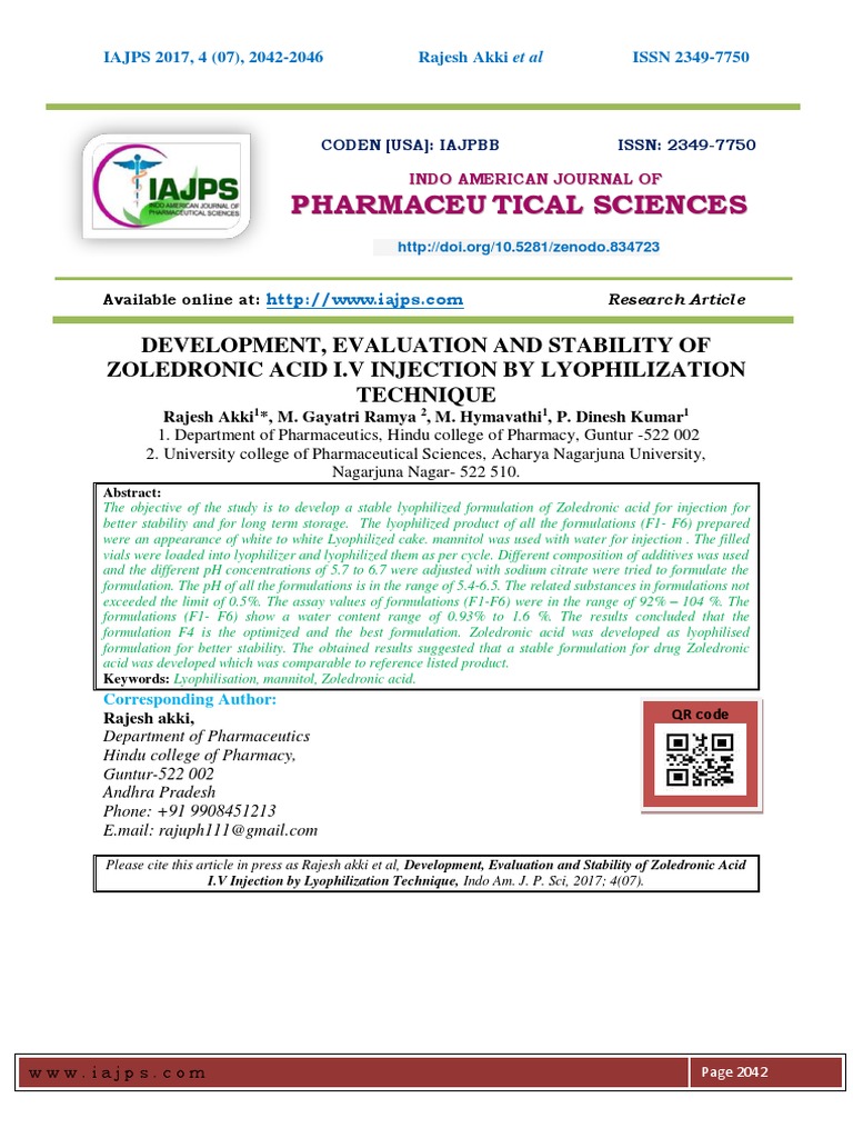 Development, Evaluation and Stability of Zoledronic Acid I.V Injection by Lyophilization ...