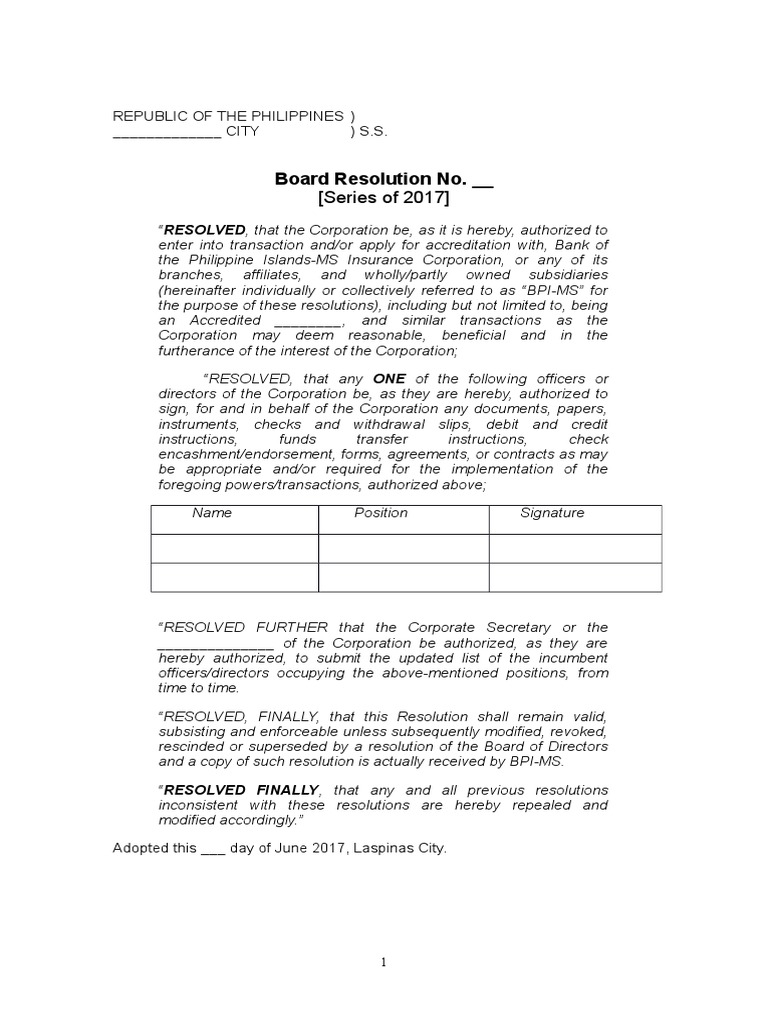 Board Reso - BPI MS | Cheque | Board Of Directors