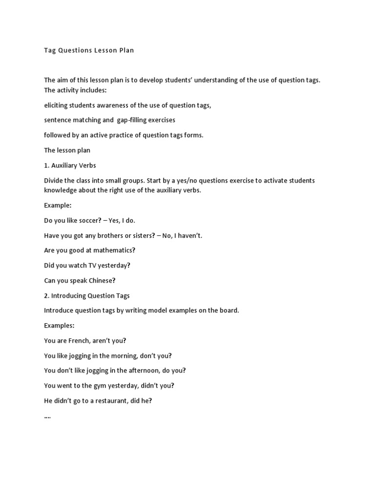 Tag Questions Lesson Plan | PDF | Lesson Plan | Grammar