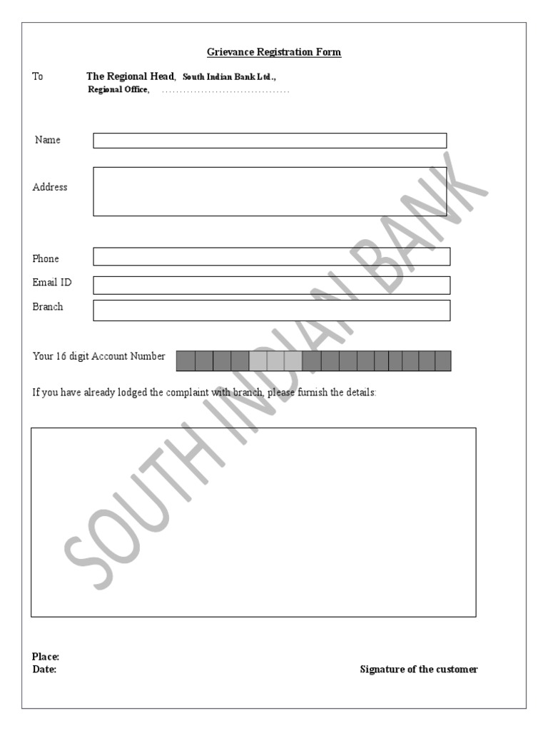 To The Regional Head,, : Grievance Registration Form | PDF