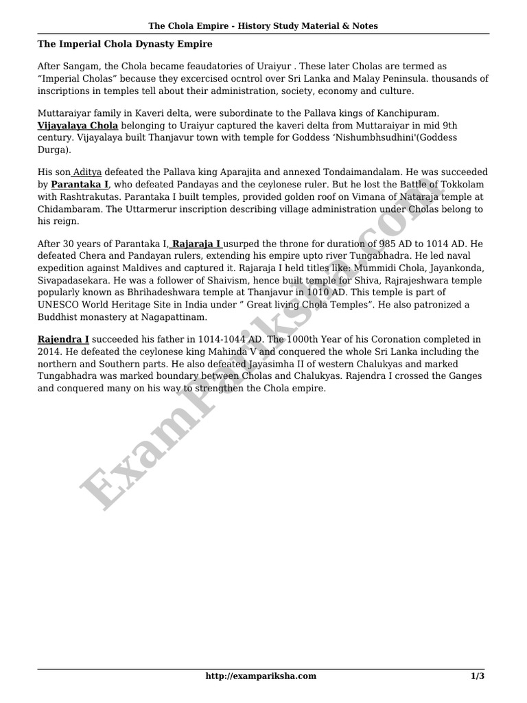 Chola Empire History Study Material Notes | PDF | Tamils | South India