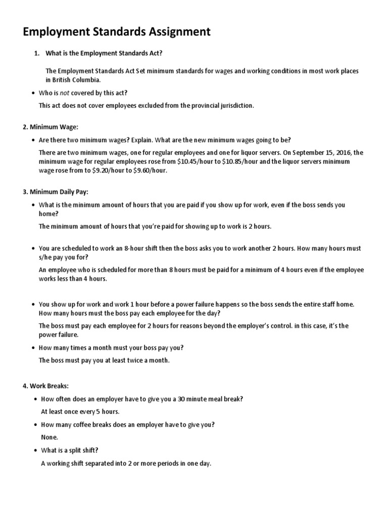 Employment Standards Assignment | PDF | Labor | Working Conditions