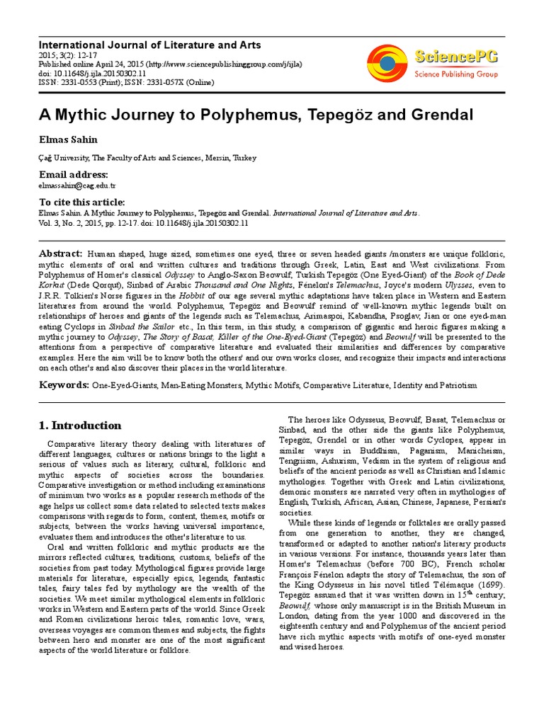 A Mythic Journey To Polyphemus Tepegoz A PDF | PDF | Beowulf | Greek ...