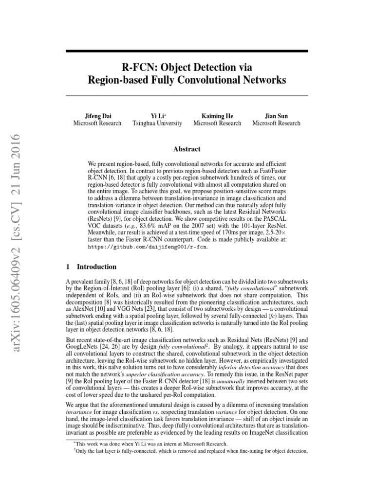 R-FCN: Object Detection Via Region-Based Fully Convolutional Networks | PDF | Areas Of Computer ...