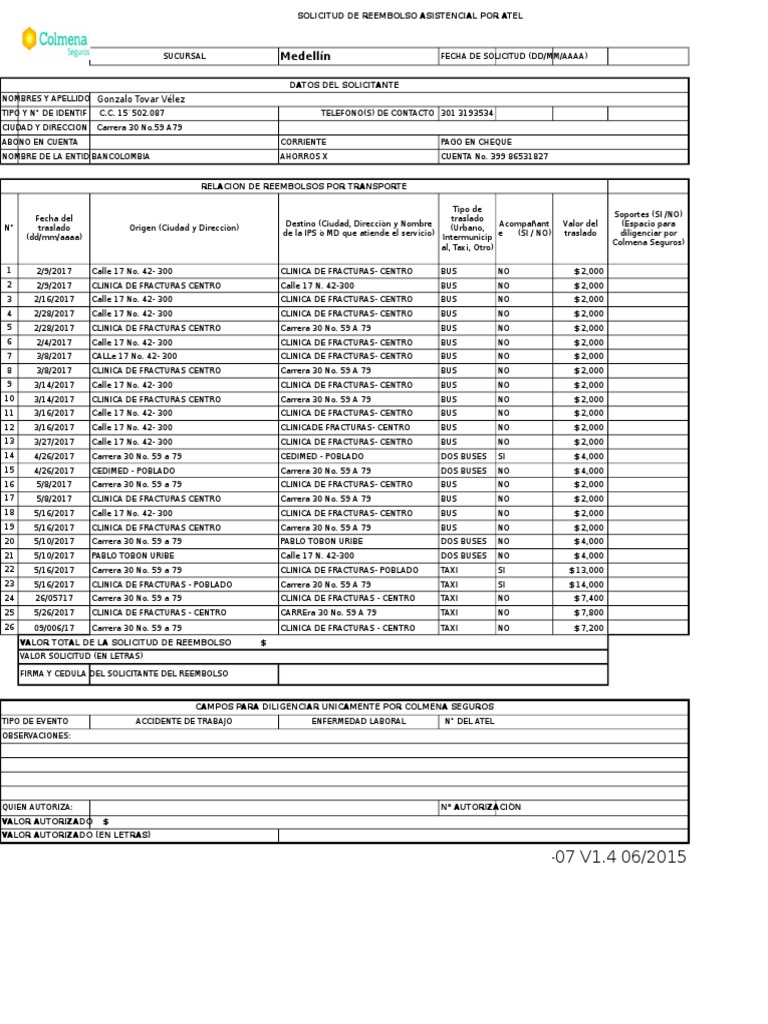 Formato Reembolso Colmena Gonzalo Tovar | PDF