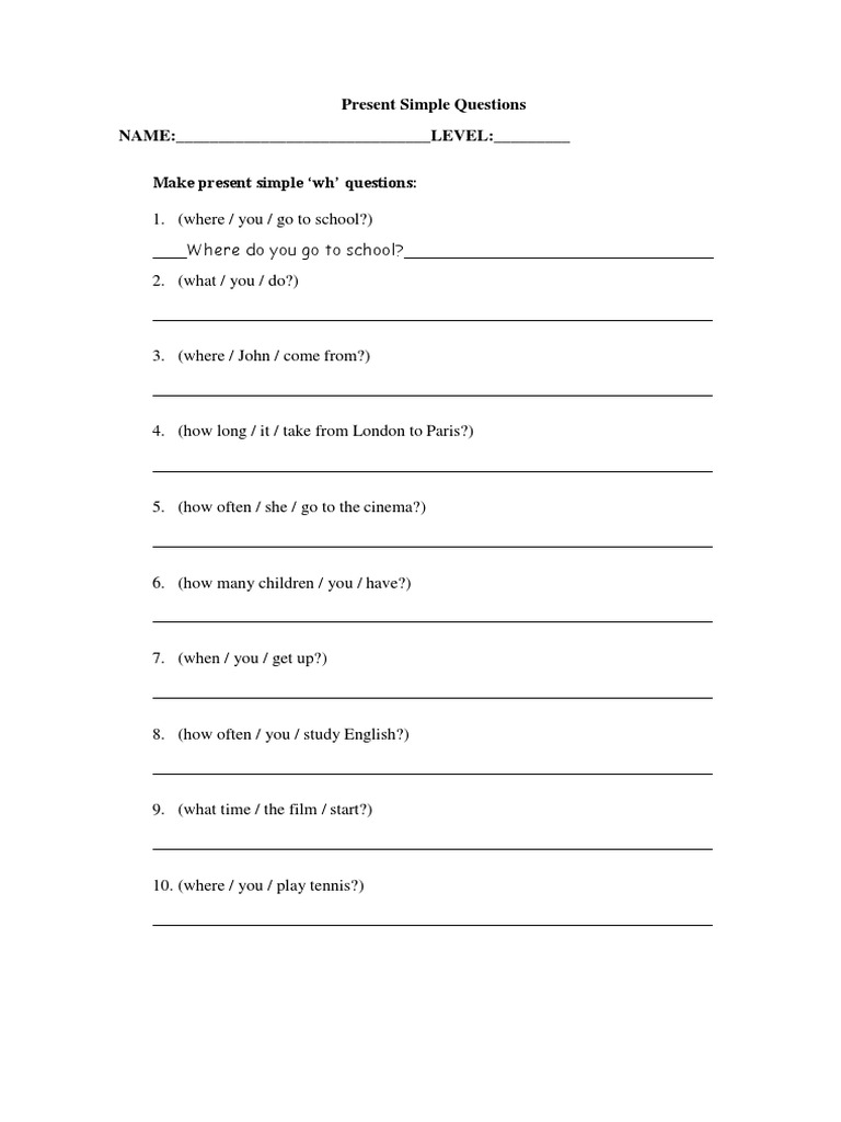Present Simple 'Wh' Questions Practice | PDF | Games & Activities ...