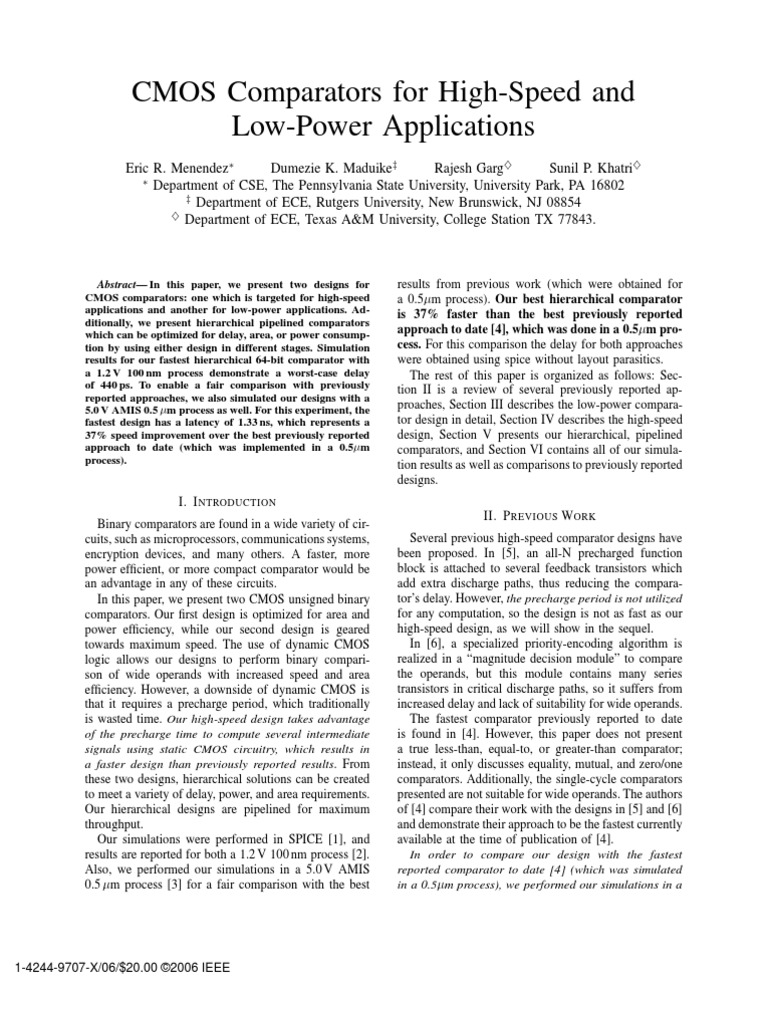 CMOS Comparators For High-Speed and Low-Power Applications: Abstract ...