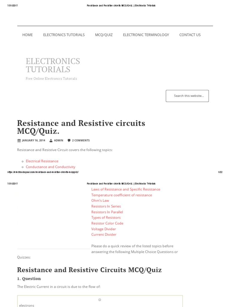 Electronics Tutorials: Resistance and Resistive Circuits MCQ/Quiz | PDF | Electrical Resistivity ...