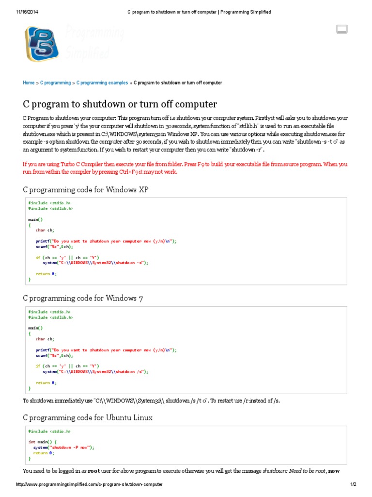 C Program To Shutdown Or Turn Off Computer Programming Simplified