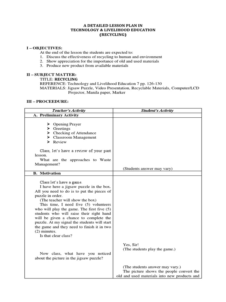 A Detailed Lesson Plan in Tle 2 | PDF | Recycling | Lesson Plan