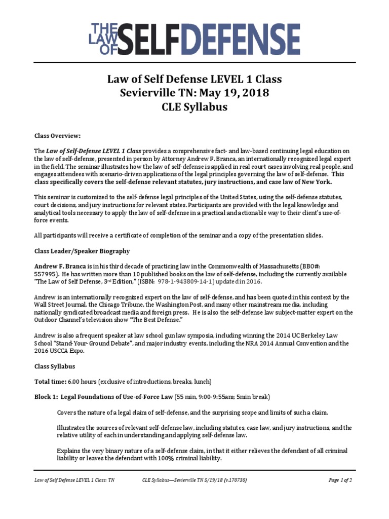 Law of Self Defense LEVEL 1 CLE TN Syllabus 180519 v170730 | PDF ...