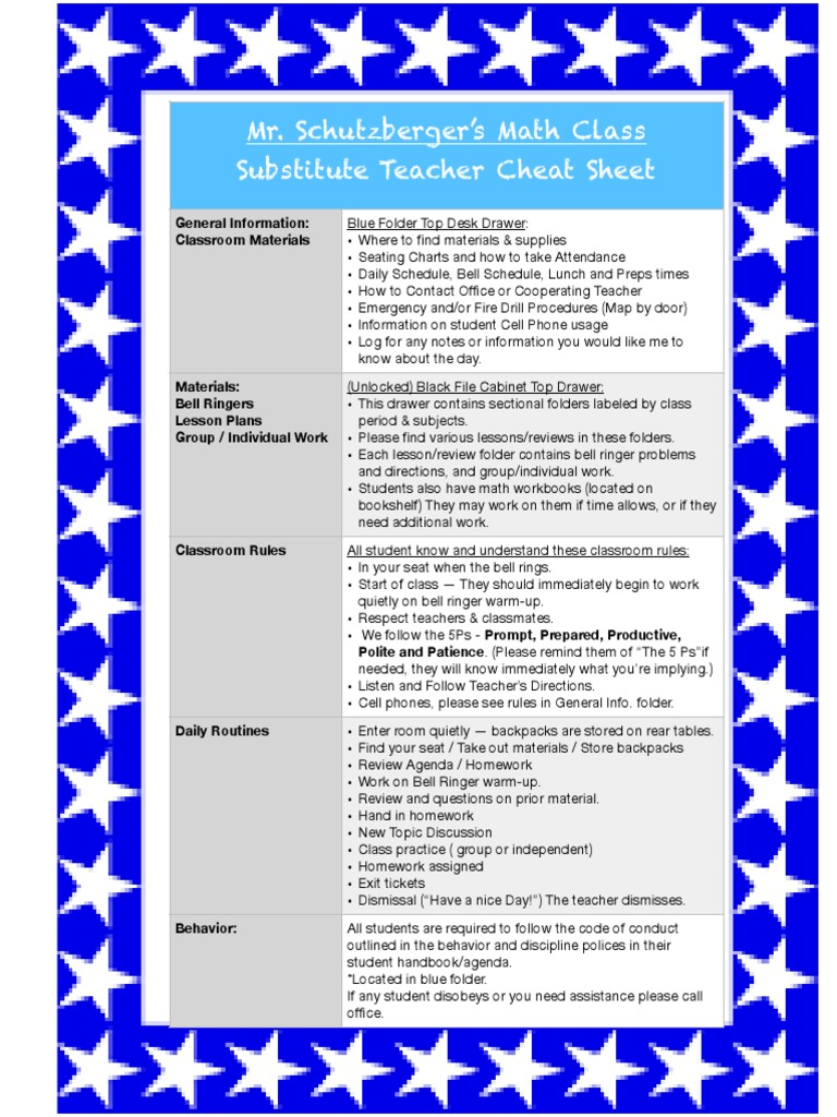 Sub Cheat Sheet 1 1 | PDF | Classroom | Further Education
