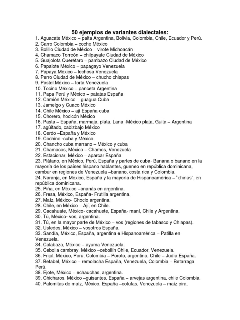 50 Ejemplos de Variantes Dialectales | Descargar gratis PDF | Cultivos ...