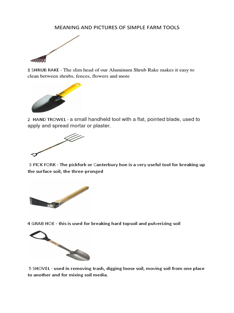 Meaning and Pictures of Simple Farm Tools | PDF | Plough | Tractor