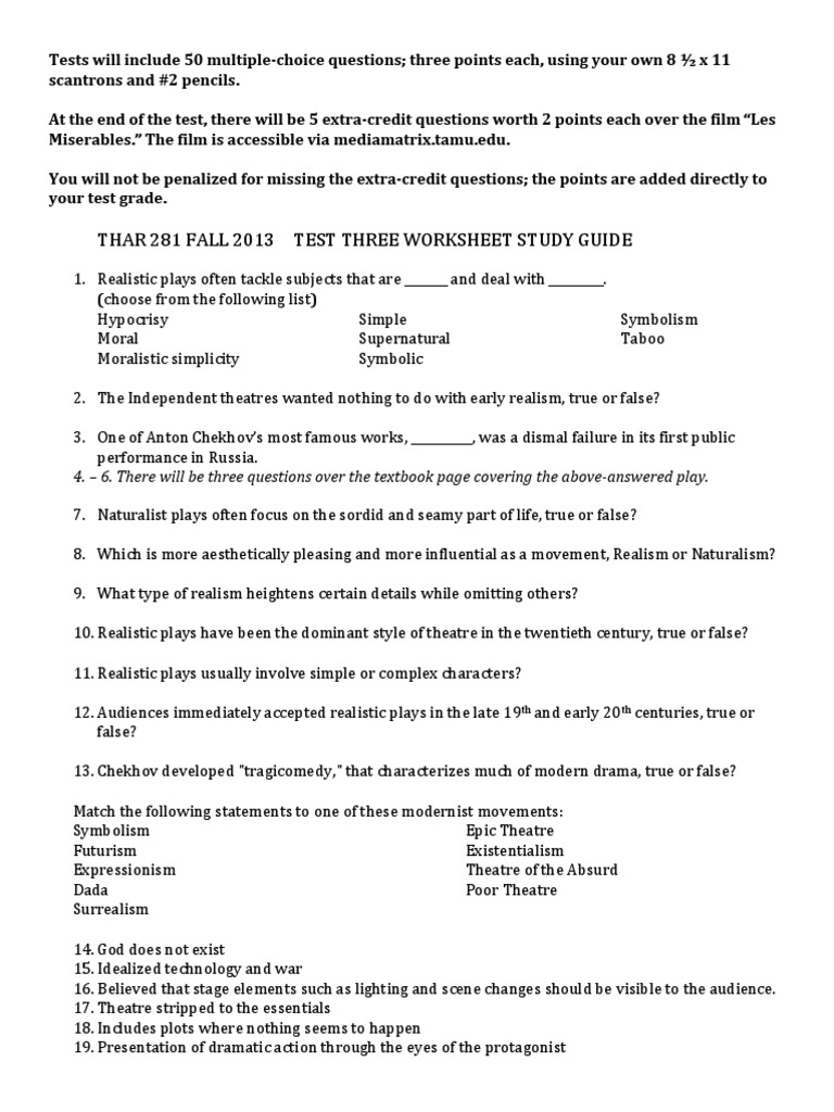 THAR 281 Test Three Worksheet | PDF | Realism (Arts) | Modernism