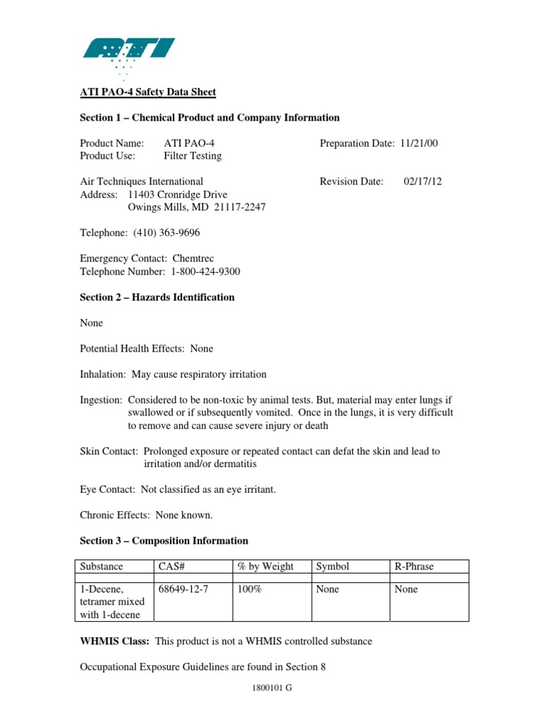 ATI PAO-4 Safety Data Sheet Section 1 - Chemical Product and Company ...