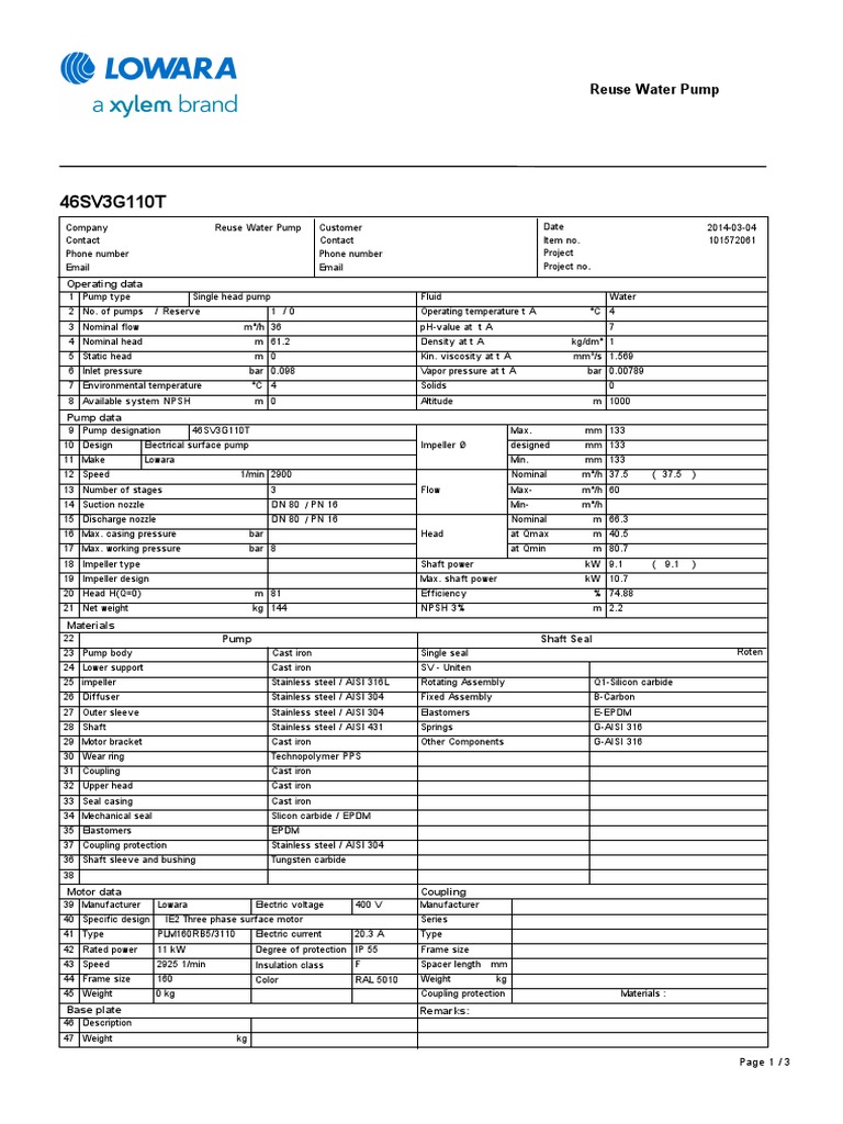 010 Reuse Water Pump | PDF | Pump | Mechanical Engineering