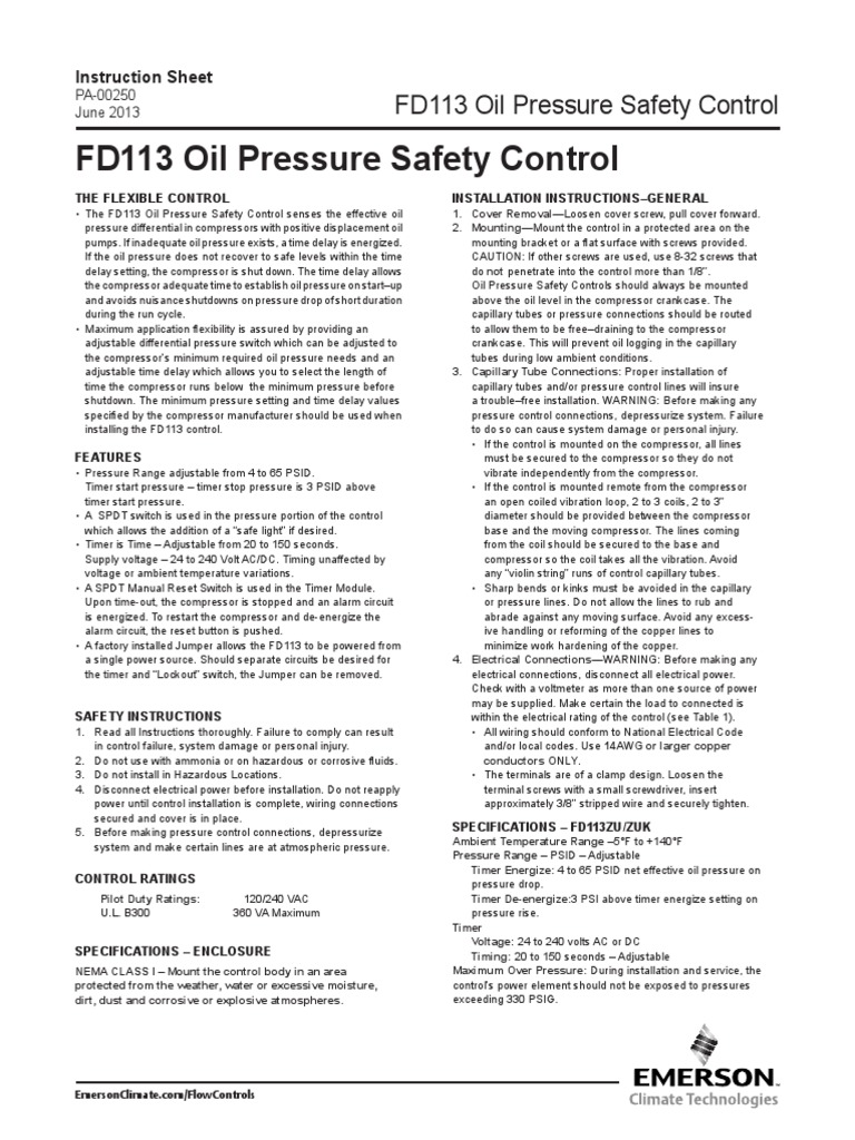 FD113 Oil Pressure Safety Control | PDF | Relay | Series And Parallel ...