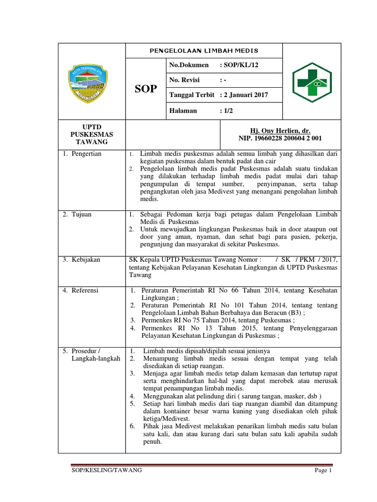 Sop Pengelolaan Limbah Medis | PDF
