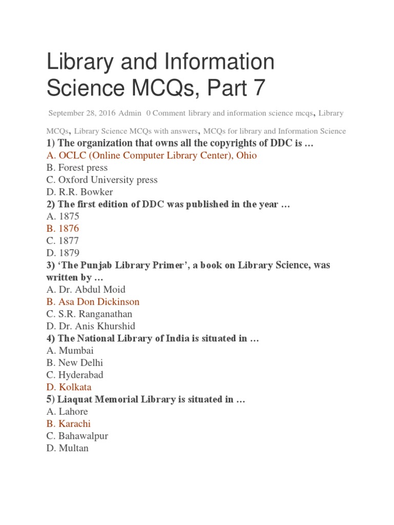 Library And Information Science Mcqs Pdf Cataloging Libraries