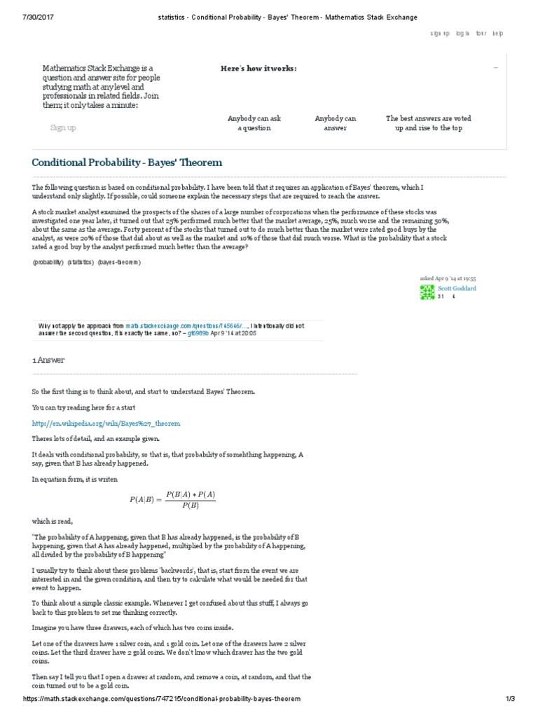 Statistics - Conditional Probability - Bayes' Theorem - Mathematics Stack Exchange | PDF ...