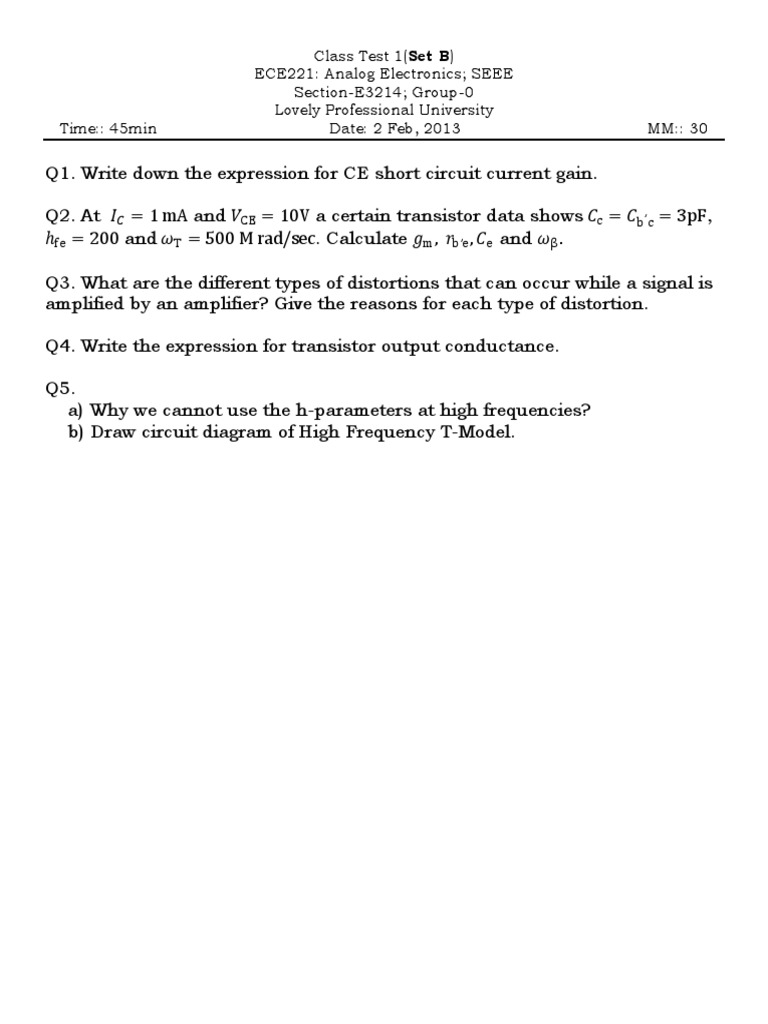 ECE221 Analog Electronics Test Set B | PDF | Science & Mathematics ...