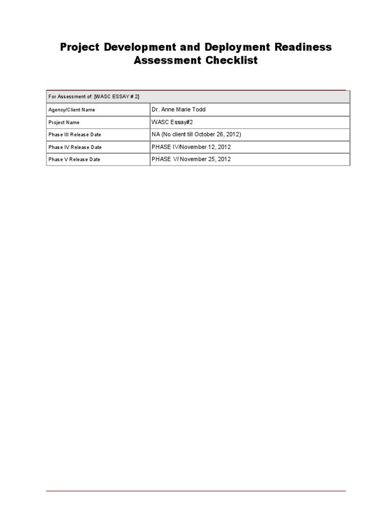 Project Development and Deployment Readiness Assessment Checklist ...