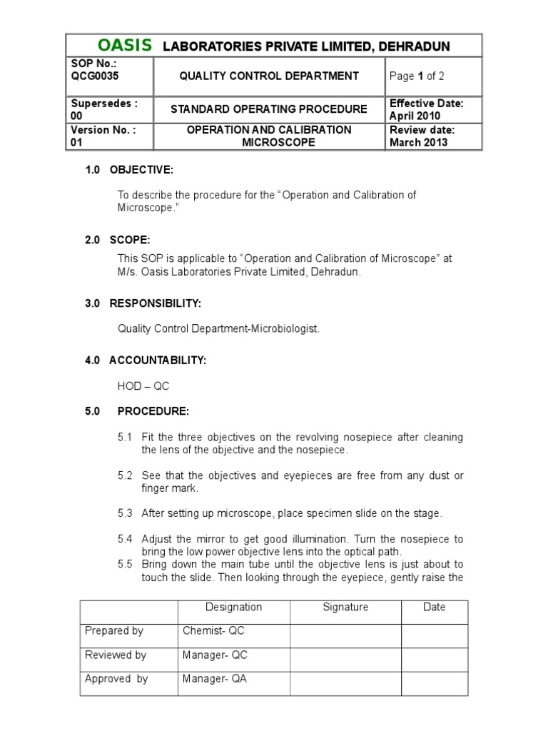 Microscope Operation and Calibration SOP | PDF | Microscope | Microscopy