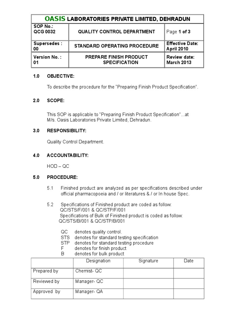 Finished Product Specification SOP | PDF | Specification (Technical ...
